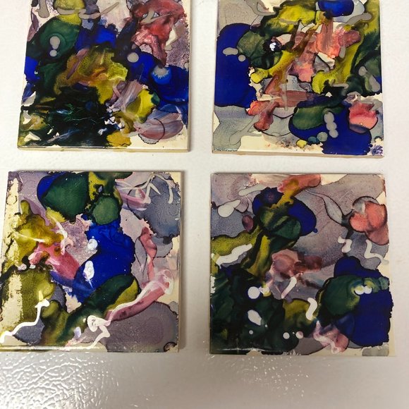 Dining | Handpainted Set Of 4 Ceramic Tilescoasters Trivet Splatter ...